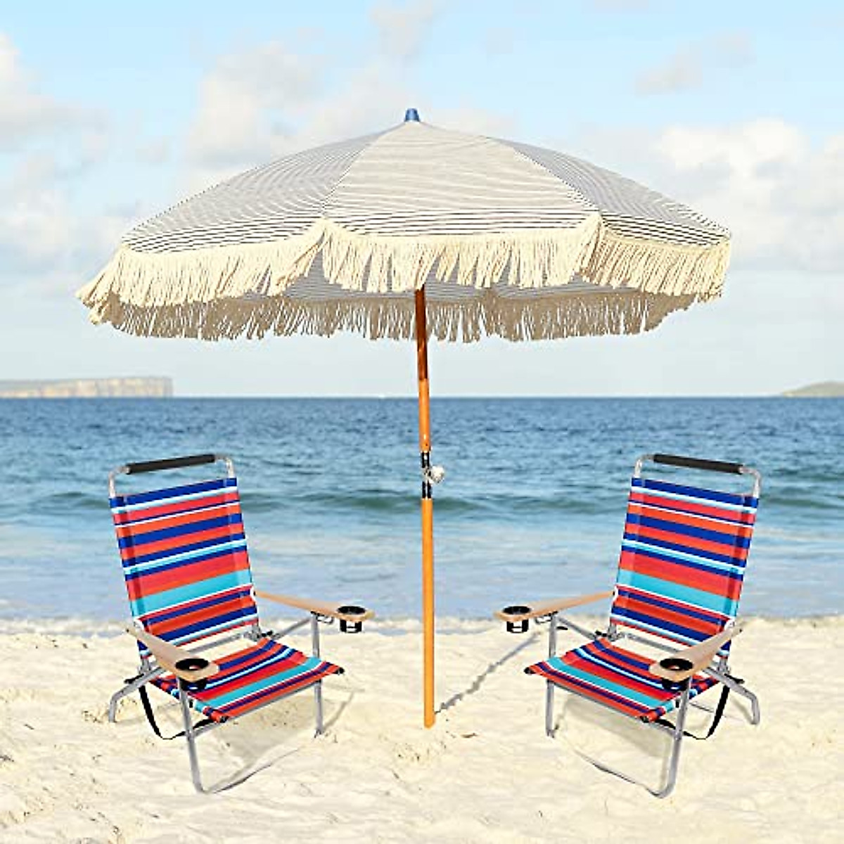 Garden Elements Colorful Foldable Reclining Aluminum Beach Chairs with Cupholders and Carrying Strap, Multicolor, Pack of 2