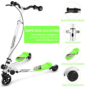 Foldable 3 Wheel Swing Wiggle Scooter with 3-Level Adjustable Height Handle and Quick-Release Folding System, Wiggle Scooter for Kids Ages 3-12