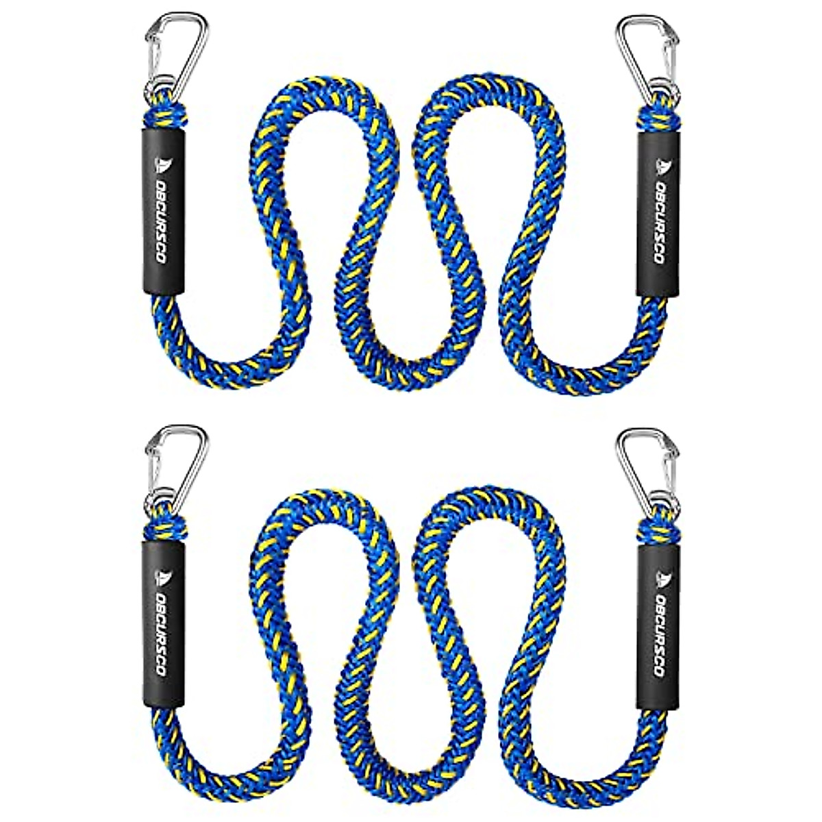 Obcursco Bungee Dock Line, Jet Ski Dock Line with Double 316 Stainless Steel Clips, Boat Snubber Docking Rope for PWC, Boat Accessories for Waverunner, Seadoo, Kayak, 2 Pack 4-5.5ft Yellow & Blue