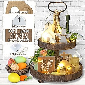5 Pcs Jesus Tomb Easter Tray Bundle Kit with LED Fairy Lights, Wooden Easter Jesus Sign He Is Risen Resurrection Scene Nativity Christ Statue Farmhouse Easter Tiered Tray Decor for Home Church Table