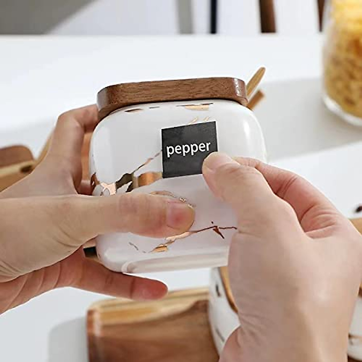 KIDYBELL Ceramic Spice Jars Porcelain Condiment Jars Set Marble Ceramic Seasoning Box 3pcs Condiment Pots for salt, sugar, pepper Kitchen Ceramic Seasoning Condiment Jar Set