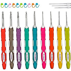 Ctcwsh 9 PCS Longer Ergonomic Crochet Hook Set USA Standard Size B to J 2.0mm-6.0mm Smooth Soft Grip Handles Crochet Needles Knitting Needles for Arthritic Hands,Beginners and Experienced Crocheter