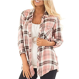 NUOREEL Womens Casual Plaid Soft Button Down Tops Roll Up Long Sleeve Cuffed Blouse Shirts (Large, Pink)