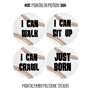 Months in Motion Baby Monthly Stickers - Baby Milestone Stickers - Newborn Boy Stickers - Month Stickers for Baby Boy - Baby Boy Stickers - Newborn Monthly Milestone Stickers - Baseball - Set of 20