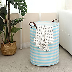 Yanzhi 2 Pcs Laundry Hamper With Leather Handles,20 inch Tall Large Collapsible Round Laundry Basket,Separator Clothes Hamper Basket Foldable Laundry Organizer for Clothes Storage(Blue tw)