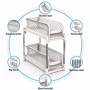 Under Sink Organizers and Storage, Bathroom Organizer with Pull Out Drawer, 2 Tier Sliding Cabinet Basket Organizer Drawer, Storage Shelf for Kitchen Bathroom Cleaning Supplies Organizer, 2 Pack,White