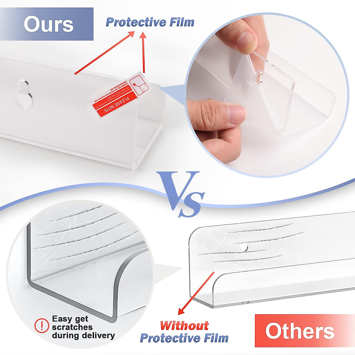 Laurensory Vinyl Record Shelf Wall Mount, 6 Pack Clear Acrylic Album Record Holder Display, Kids Bookshelf, Floating Wall Shelves for Bathroom, Bedroom, Living Room, Kitchen, 7 inch