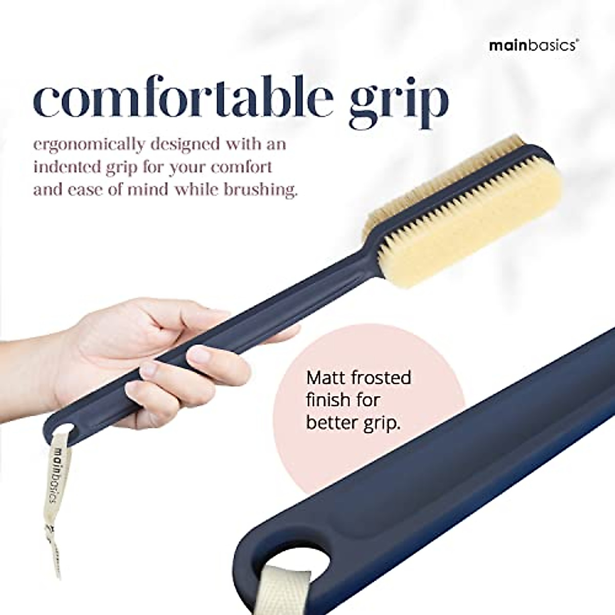 MainBasics Shower Brush Back Scrubber Dual-Sided Body Brush Long Handle with Soft and Stiff Bristles for Dry & Wet Brushing (Navy Blue)