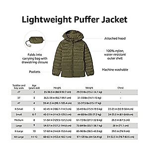 Amazon Essentials Boys' Lightweight Water-Resistant Packable Hooded Puffer Coat, Black, Large