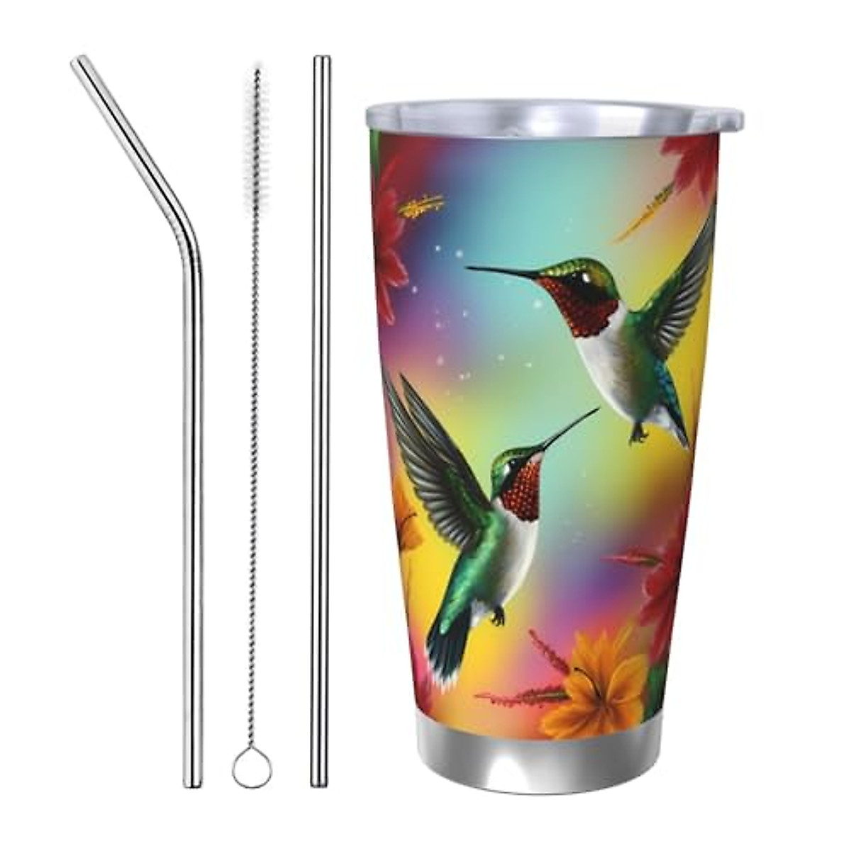 Groamaup 20oz Hummingbirds Stainless Steel Insulated Tumbler with Lid and 3pcs Straw Sets, Watercolor Car Cup for Cold and Hot Drinks, Coffee Mug for Travel Office and Home Use