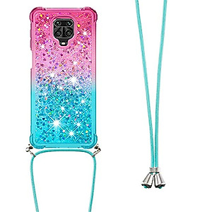 Redmi Note 9S Case,Redmi Note 9 Pro/Note 9 Pro Max Case,Gift_Source Bling Glitter Liquid Soft Cover Shockproof Case with Lanyard for Xiaomi Redmi Note 9S/Note 9 Pro/Note 9 Pro Max 6.67"[Pink/Sky Blue]