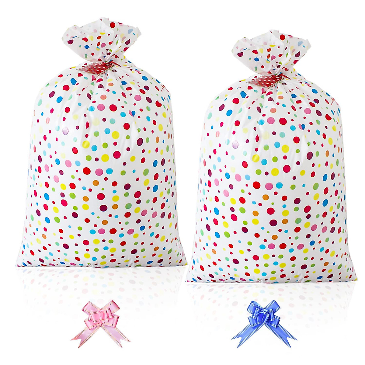 2 Pieces Large Plastic Gift Bags(36x56inch), Jumbo Present Bags with Dot Pattern and Pull Flowers for Huge Gifts , Reusable Giant Wrap Bags with Rope for Baby Shower, Birthday, Party, Wedding, Engagement Party, Christmas