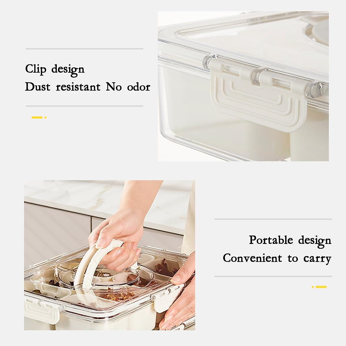 Luxital Divided Serving Tray with Lid and Handle - Portable Snackle Box Container - Snackle Box for Travel - Clear Organizer for Fruit, Veggie, Candy, Nuts - Perfect for Party, Picnic (2L)