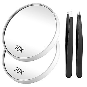 Funtopia Magnifying Mirror and Tweezers Kit, 10X & 20X Magnifying Makeup Mirrors with 2 Suction Cups, Portable Magnifier Travel Set for Eyebrow Tweezing, Blackhead Blemish Removal, 3.5 Inch (Mirror)