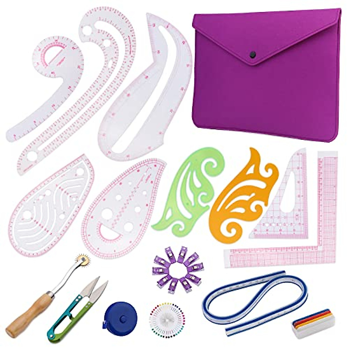 French Curve Ruler for Pattern Making Set,65 PCS Sewing Curve Ruler Kit with Felt Bag, 2 Cloud Ruler,7 Sewing Ruler,Sewing Clips,Tracing Wheel,Curved Ruler and Color Positioning Needle for Sewing