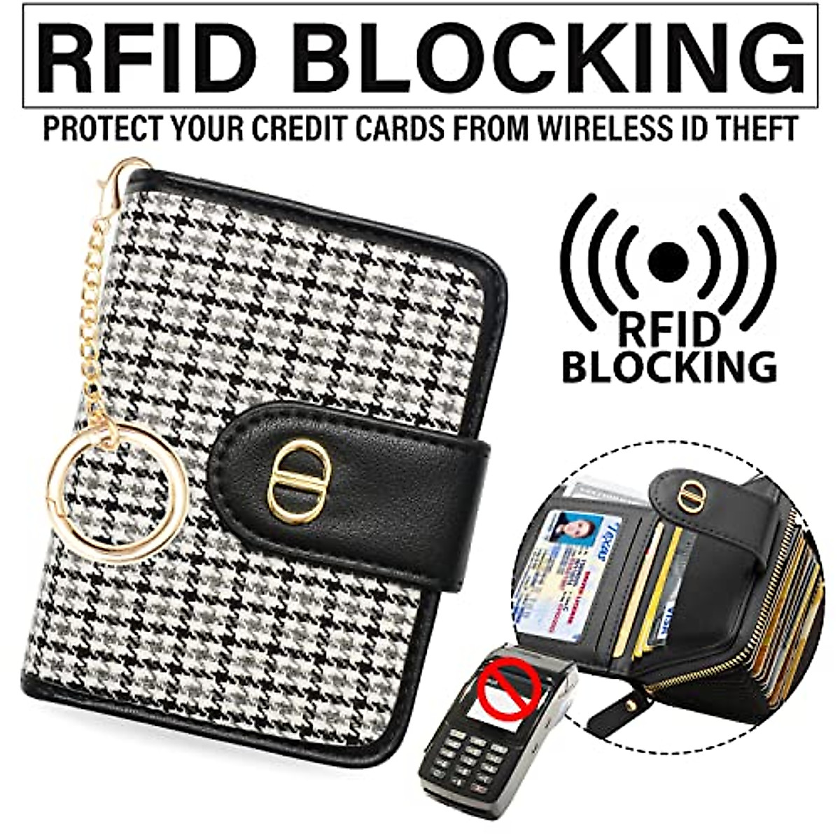 SNUG STAR Multi-Purpose Wallet High Capacity Card Holder Zipper Coin Purse with Wristlet Bracelet Keychain Silicone Beaded Bangle (Silicone Bracelet(16 Cards)-Woven Small Plaid Black)