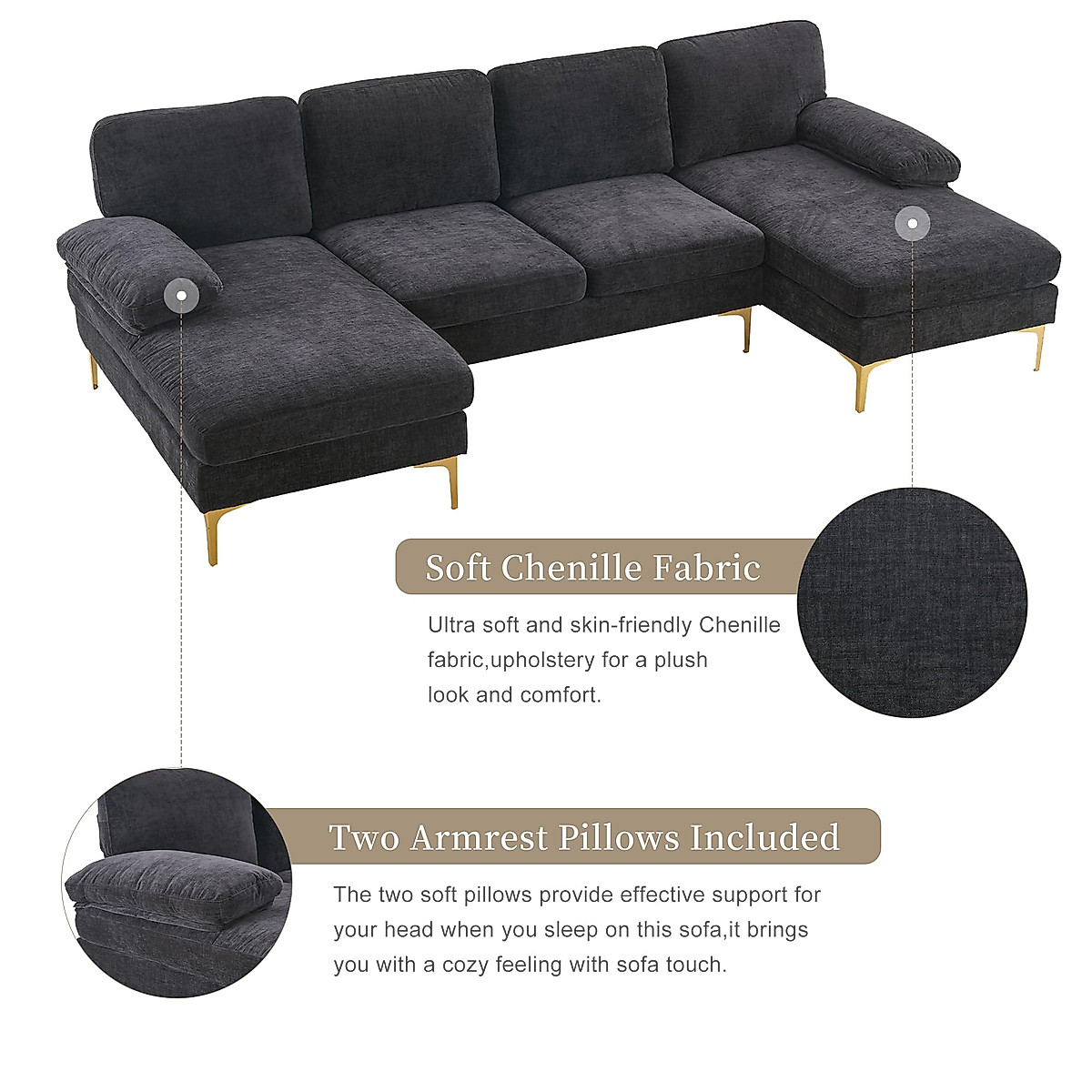 VERYKE U Shape Sectional Sofa Couch,Modern 110'' Chenille Fabric Sectional Couch Sofa, Upholstered Sofa Bed with Golden Metal Legs for Living Room