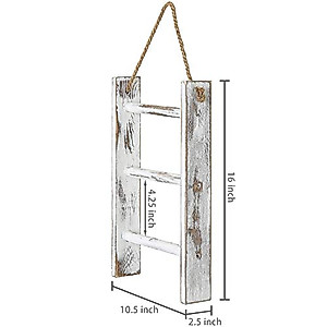 MyGift 3-Tier Wall Hanging Towel Ladder - Farmhouse Whitewashed Wood Mini Hand Towel Rack with Top Rope, Set of 2