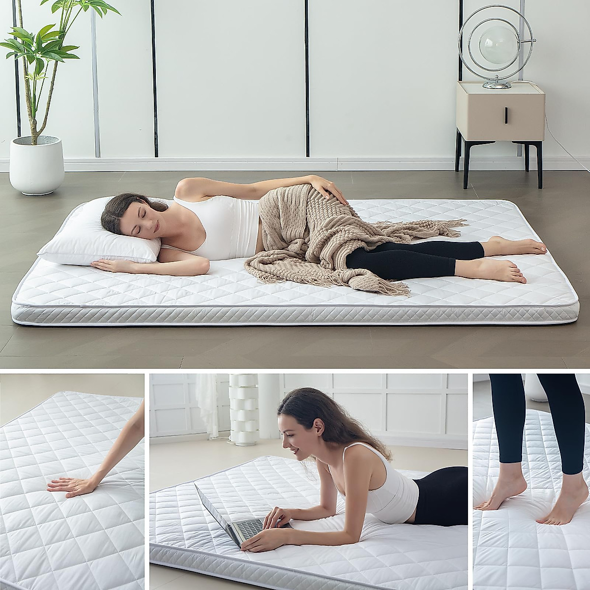 AROW Japanese Futon Mattress, 100% Cotton Floor Mattress Pad, Folding Roll Up Bed Topper Mat Lounger and Travel (White, King)