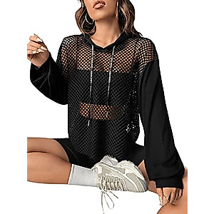 Verdusa Women's Sexy See Through Fishnet Long Sleeve Drawstring Hoodie Top Sweatshirt Black M