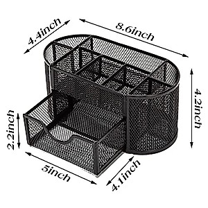 Mesh Pen Holder, Desk Organizer for Desk Pencil Holder with 8 Compartments and 1 Drawer Desk Supplies for Office Home 1 PC