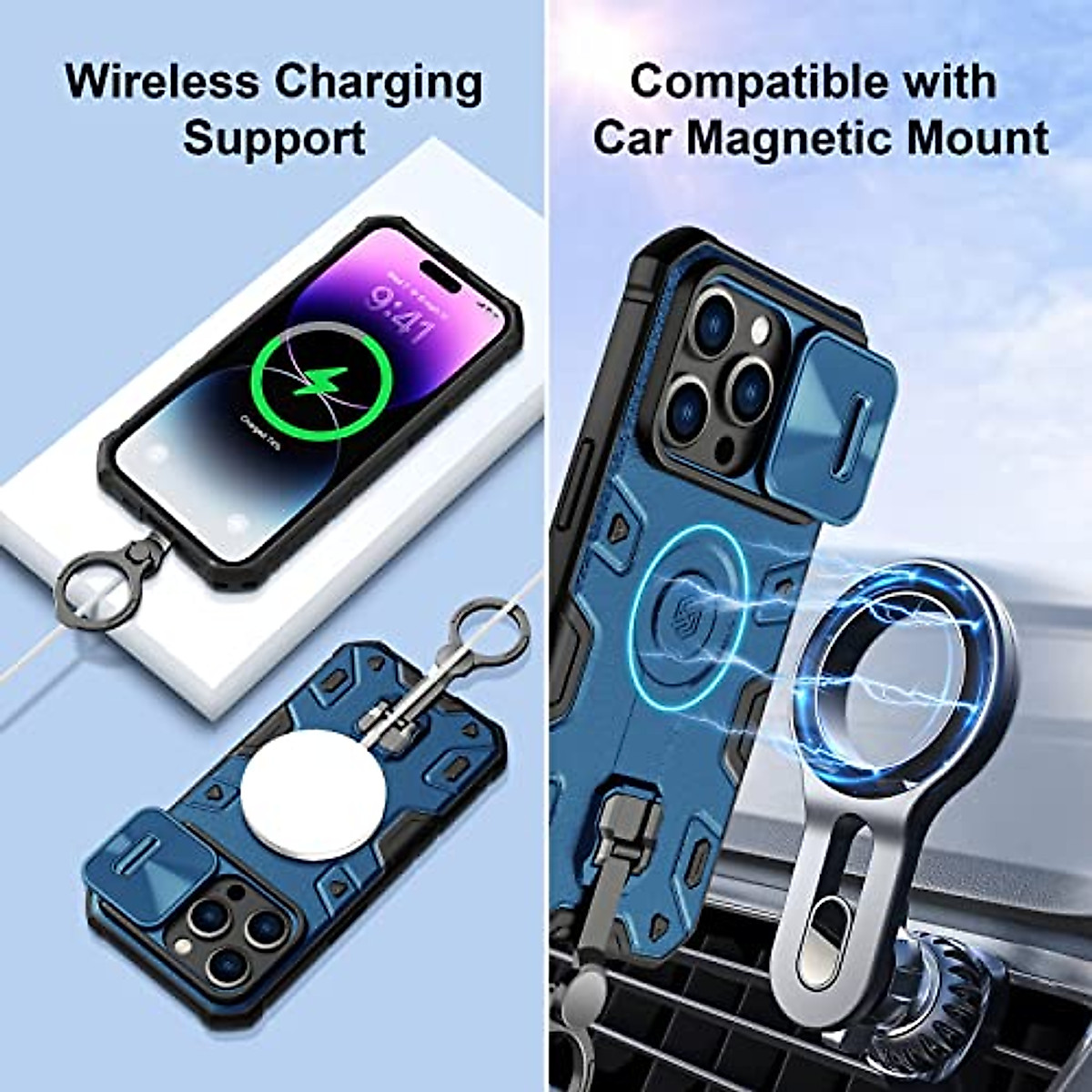 Nillkin Case for iPhone 14 Pro Max Case with Stand, Slide Camera Cover, Military Grade Shockproof Portective Case Compatible with MagSafe Wireless Charger&Magnetic Car Mount Holder,Blue