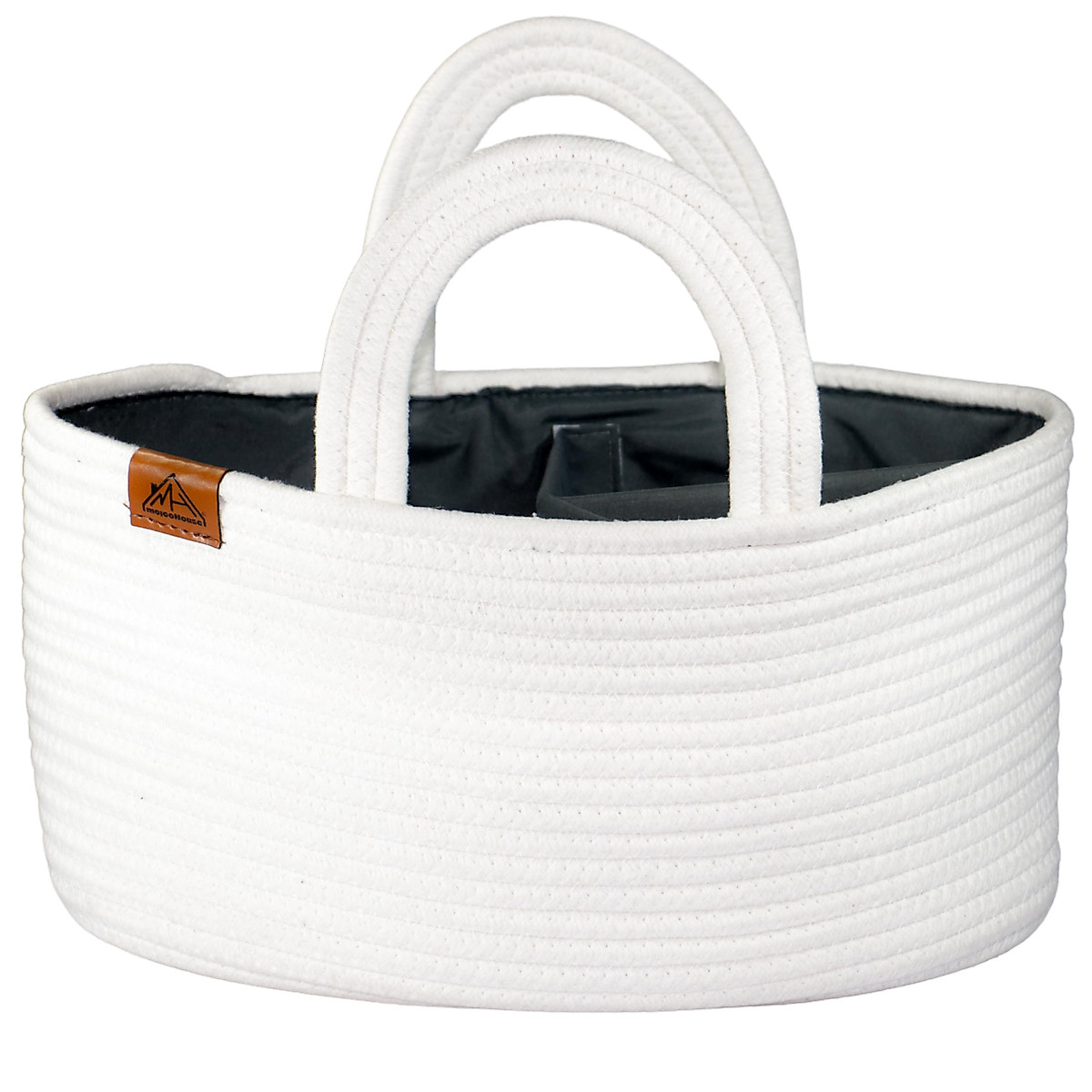 Mojoohouse Baby Diaper Caddy Organizer, Large Nursery Storage Bin, Car Organizer for Diapers with dividers, Portable Tote Bag, Cotton Rope Diaper Basket for Boy Girl (White)