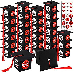 60 Pieces Graduation Candy Boxes 2023 Graduation Cap Gift Box Graduation Celebration Chocolate Box with Stickers for 2023 Graduation Gifts Grad Ceremony Party Favors (Red and Black)