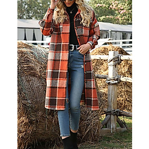 Himosyber Women's Casual Plaid Lapel Woolen Button Up Pocketed Long Shacket Coat (Red-S)