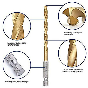 Drill Bit Set Titanium Coated Quick Change HEX Shank Drill Bit Set for Wood Soft Metal Plastic Improved Design 1/16” to 1/4” Holder Included Twist Drill Bit Set High Speed Steel