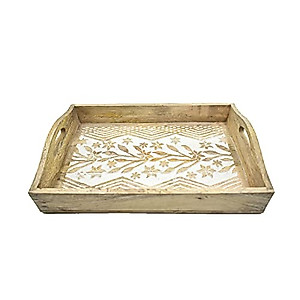 Hand Carved Wooden Breakfast Serving Tray with Handle for Breakfast Tea Snack Dessert | Kitchen Dining Serve-Ware Accessories | 15 x 10 Inches | 2049