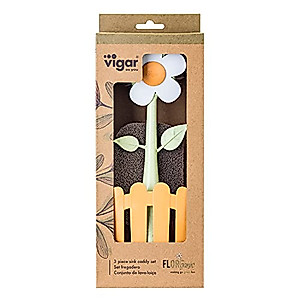 Vigar Florganic 3-piece Sink Caddy Set, Eco-friendly Daisy-shaped Dish Brush, Sponge and Fence-shaped Holder with Suction Cup, Orange