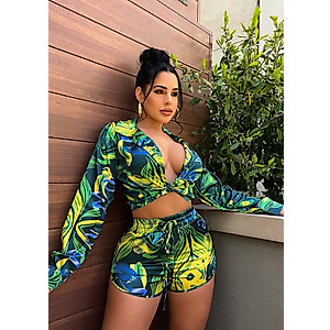 Fastkoala Women's Two Piece Outfits Casual Long Sleeve Shorts Pants Set Sweatsuits Jogging Tracksuit with Pockets Green XL