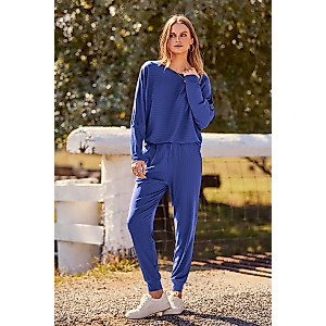 PRETTYGARDEN Women's 2024 Fall Fashion Outfits 2 Piece Sweatsuit Solid Color Long Sleeve Pullover Long Pants (Blue,Medium)