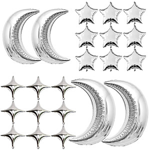 54Pcs Star Foil Balloons Moon Foil Mylar Balloons with 50Pcs Silver Star Balloons and 4Pcs Large Moon Foil Balloons for Baby Shower Christmas Anniversary Engagement Wedding Birthday Party Decoration