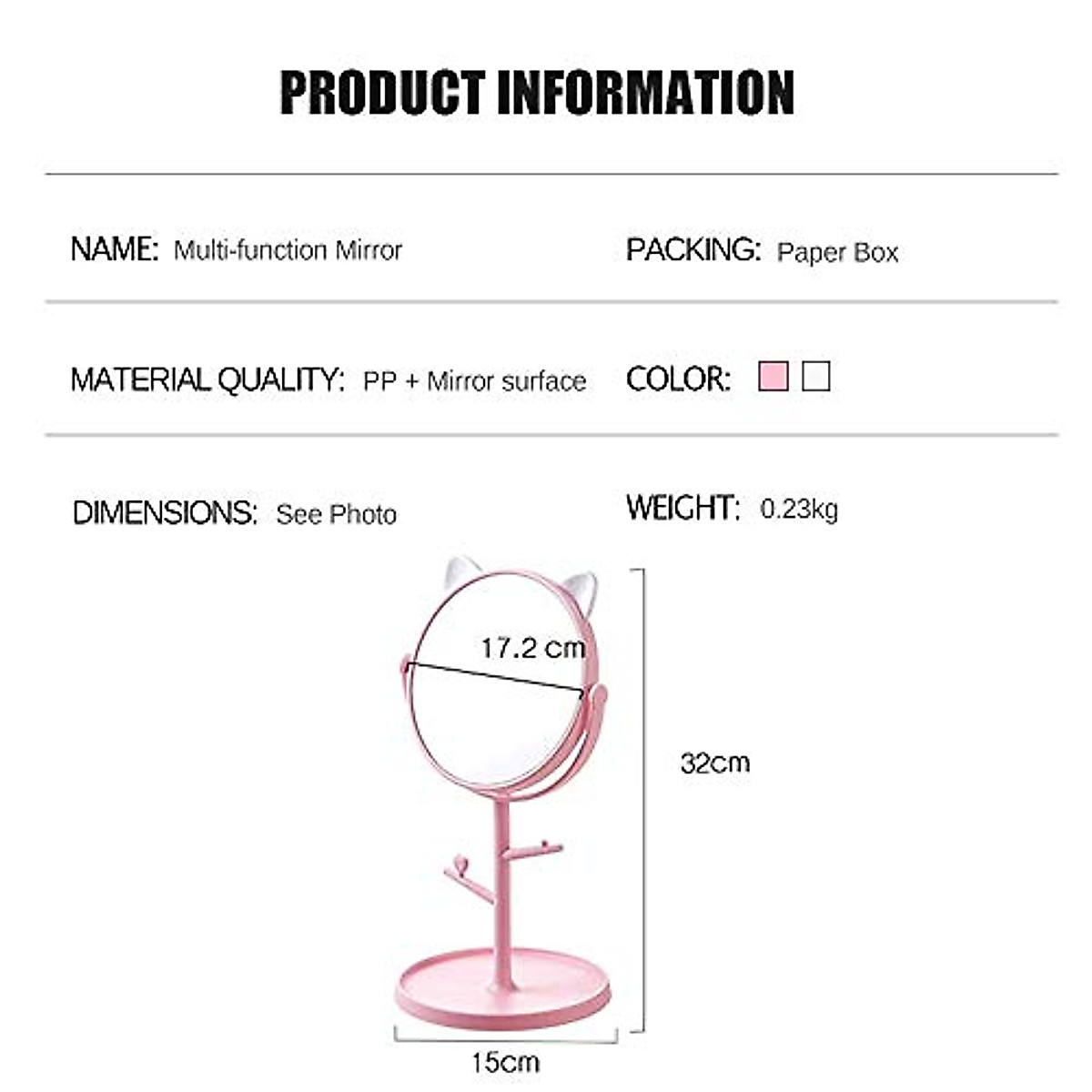 Louphee Desk Mirror in Cute Cat Ears Shape-Kawaii &Vanity Mirror for You in Bathroom or Bedroom- Pink