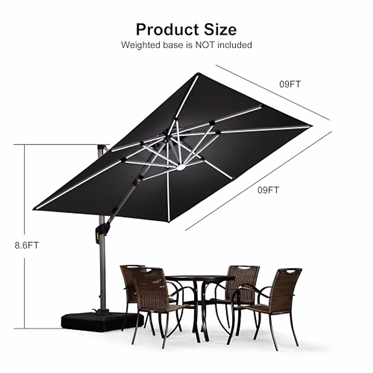 PURPLE LEAF 9 Feet Double Top Deluxe Solar Powered LED Square Patio Umbrella Offset Hanging Umbrella Outdoor Market Umbrella Garden Umbrella, Grey