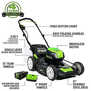 Greenworks Pro 80V 21" Brushless Cordless Lawn Mower, 4.0Ah Battery and 60 Minute Rapid Charger Included