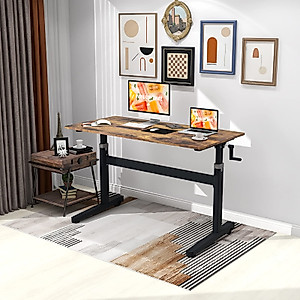 Win Up Time Manual Standing Desk Adjustable Height- Crank Mobile Standing Desk 48 x 24 Inches Sit Stand Desk Frame & Top, Stand Up Desk on Wheels, Computer Desk Black Frame & Rustic Brown