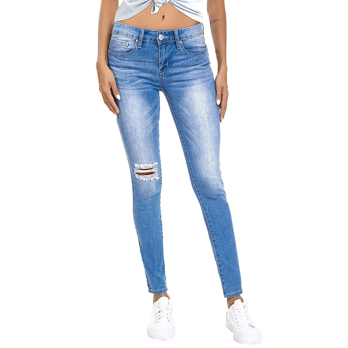 Resfeber Women's Ripped Boyfriend Jeans Stretch Distressed Jeans Capri Mom Jean with Hole