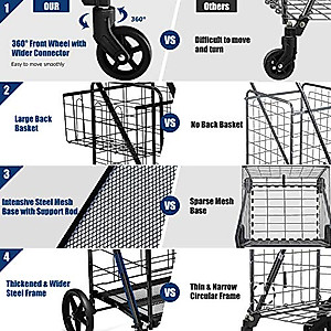 Goplus Folding Shopping Cart, Jumbo Double Basket Utility Grocery Cart 330lbs Capacity with 360° Rolling Swivel Wheels, Portable Heavy Duty Cart for Laundry Shopping Grocery