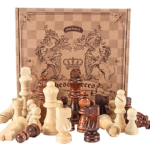 AMEROUS Wooden Chess Pieces Only, 32 Pieses / 3.05" King/Storage Bag/Gift Package, Standard Tournamen Staunton Wood Chessmen for Chessboard, Replacement of Missing Pieces