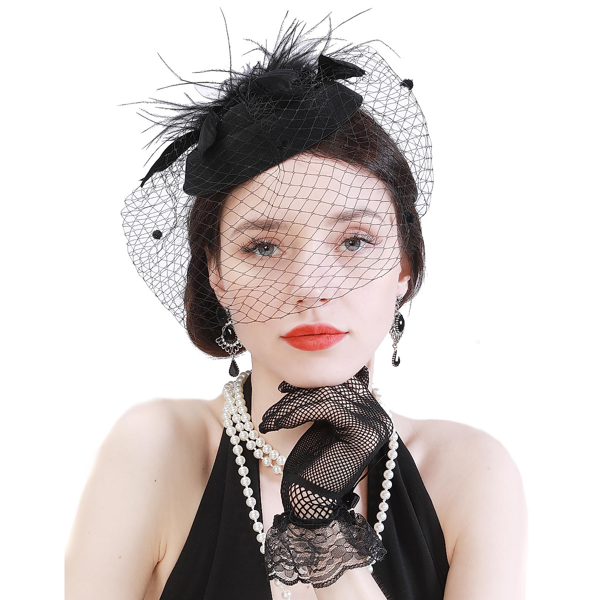 Diwlolido Fascinators Hats Pillbox Hat Cocktail Tea Party Feather Hair Clip Wedding Headwear with Veil for Women and Girls (Feather Black Set)