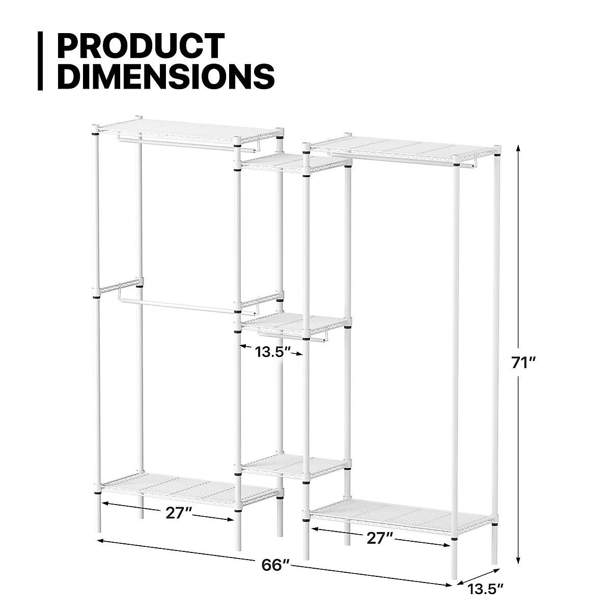 MoNiBloom Heavy Duty Carbon Steel Garment Rack, 66 Inch Expandable, with Shelves, for Hanging Clothes, Load 1000lbs, White