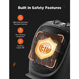 PELONIS PHTA1ABB Portable, 1500W/900W, Quiet Cooling & Heating Mode Space Heater for All Season, Tip Over & Overheat Protection,for Home, Office Personal Use, Black , 9inch