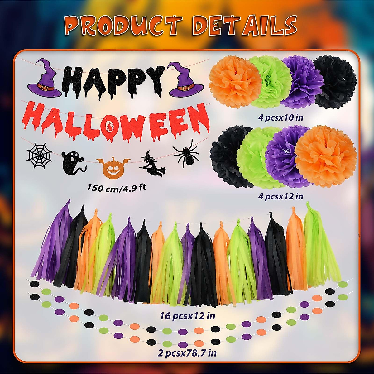 Halloween Party Decorations - Trunk Or Treat Car Decorations Kit for SUV Happy Halooween Banner Orange Black Purple Green Tissue Paper Pom Pom for Hocus Pocus Party Supplies