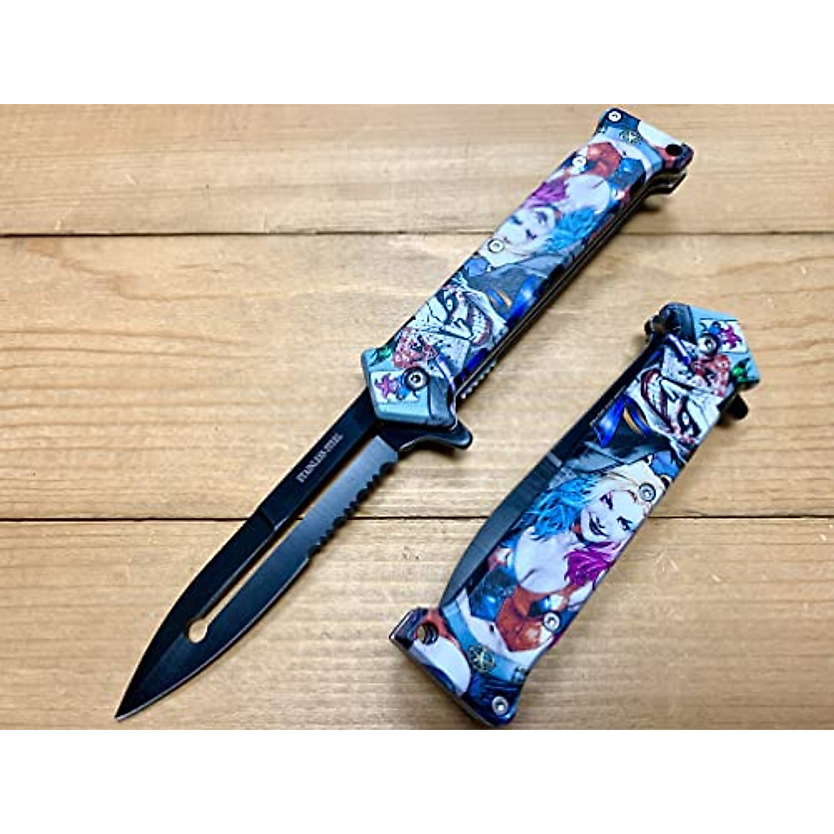 Super Knife 8 inch Joker Harley Quinn Tactical Spring Assisted Folding Pocket Knife EDC Open Blade w/Pocket Clip. 3D Print Handle