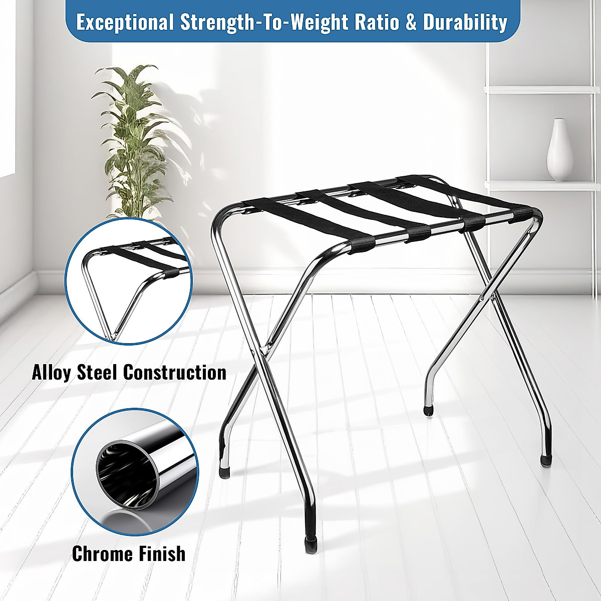 USTECH Luggage Rack-Single Tier, Pack of 1, Chrome, Fully Asssembled, Foldable Rack for Guest Room