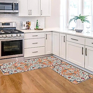 Artoid Mode Orange Flowers Bohemia Kitchen Mats Set of 2, Daily Boho Home Decor Low-Profile Kitchen Rugs for Floor - 17x29 and 17x47 Inch
