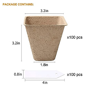 EHWINE Peat Pots, 100 Pack 3.15 Inch Square Seed Starter Tray Seedling Pots Organic Peat Pots for Seedlings Seed Starter Pots Kit Seedling Trays, Bonus 100 Pcs Plant Labels